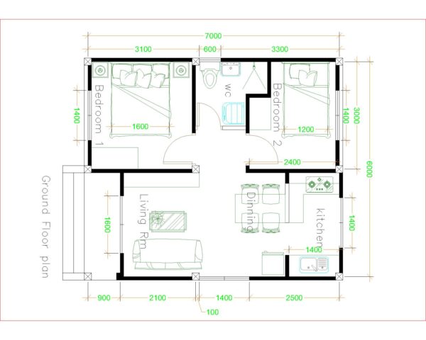 House Design 6x7 with 2 bedrooms - House Plans 3D