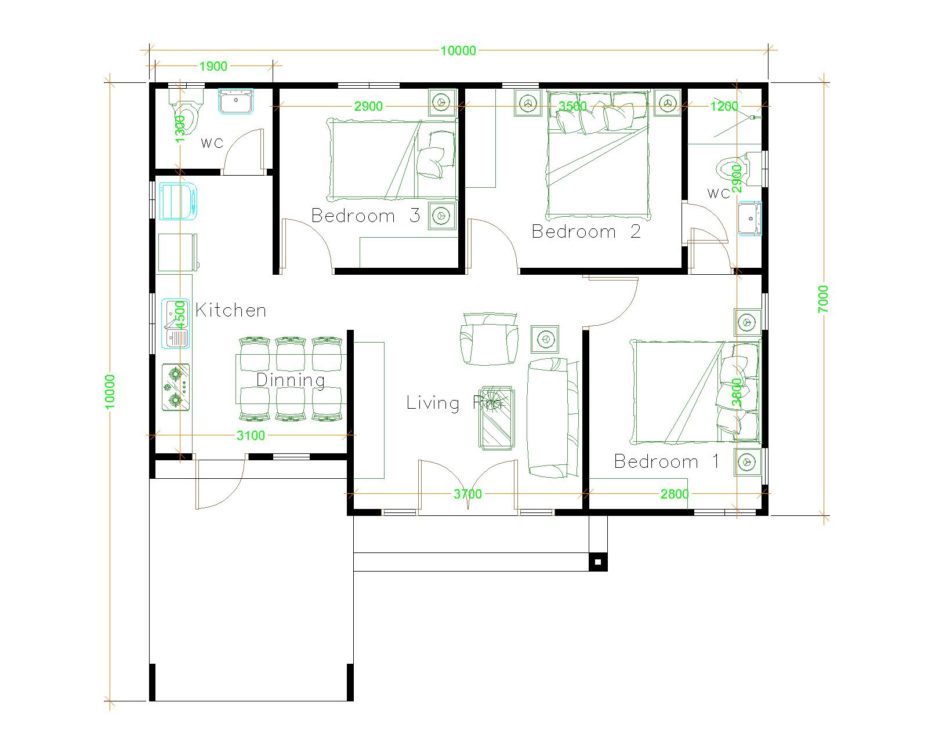 House Design 10x10 with 3 Bedrooms Hip roof - House Plans 3D