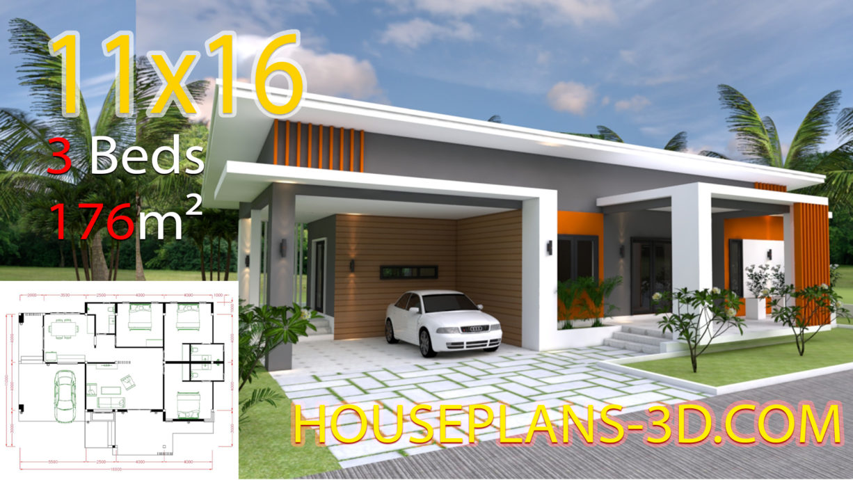 Home Design 11x16 with 3 bedrooms slop roof - House Plans 3D