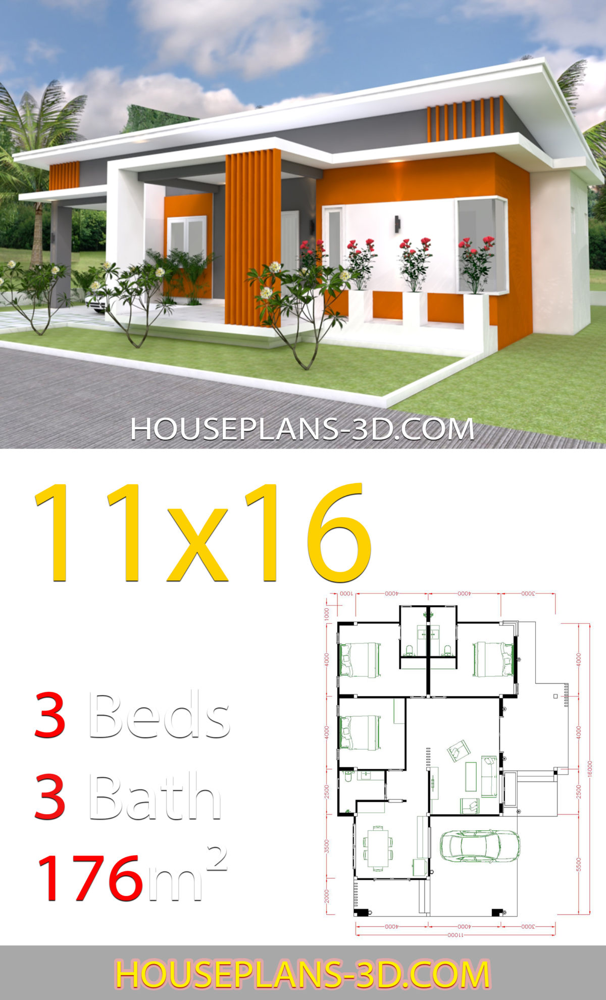 Home Design 11x16 with 3 bedrooms slop roof - House Plans 3D