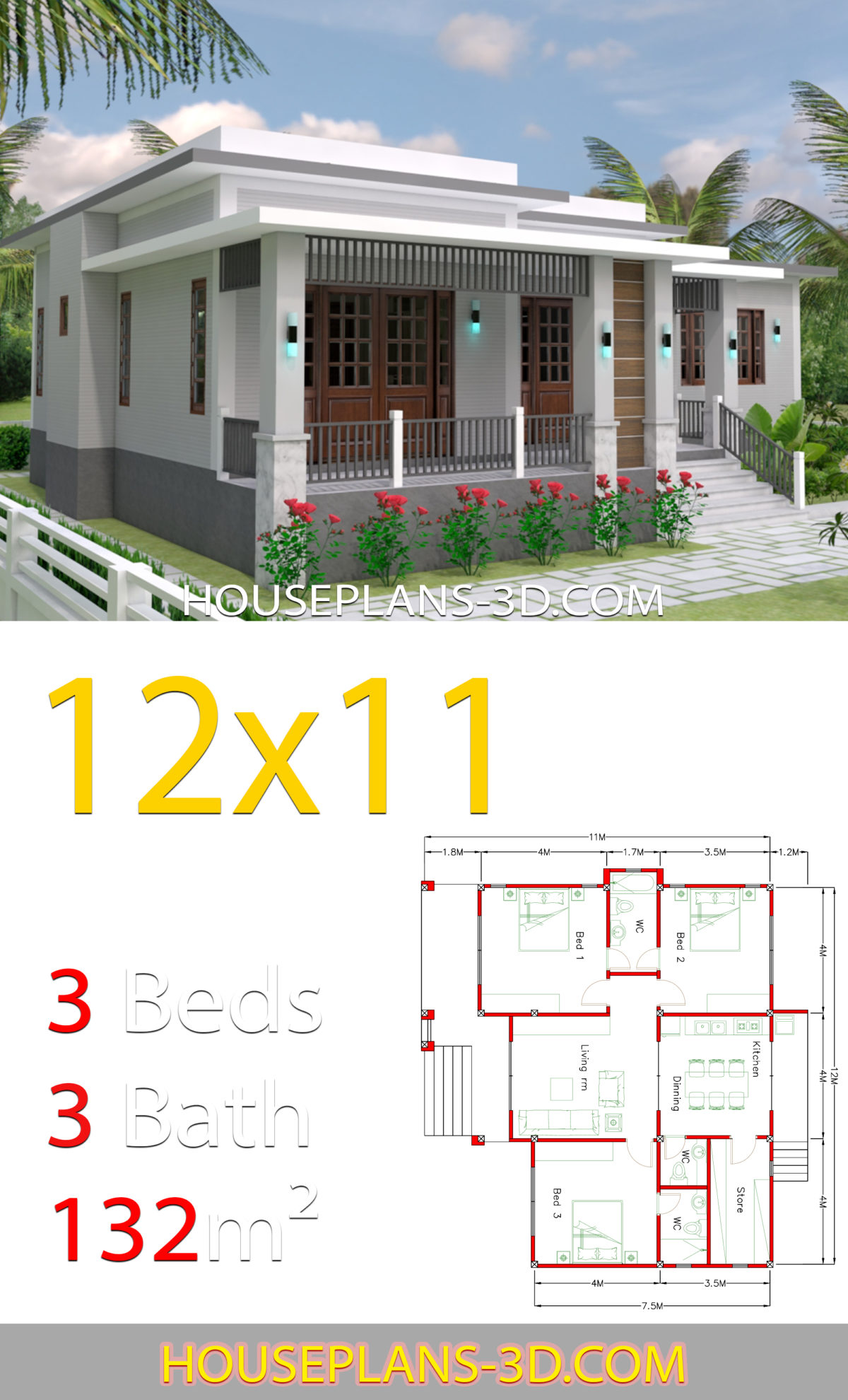 Home design 12x11 with 3 Bedrooms Terrace roof - House Plans 3D