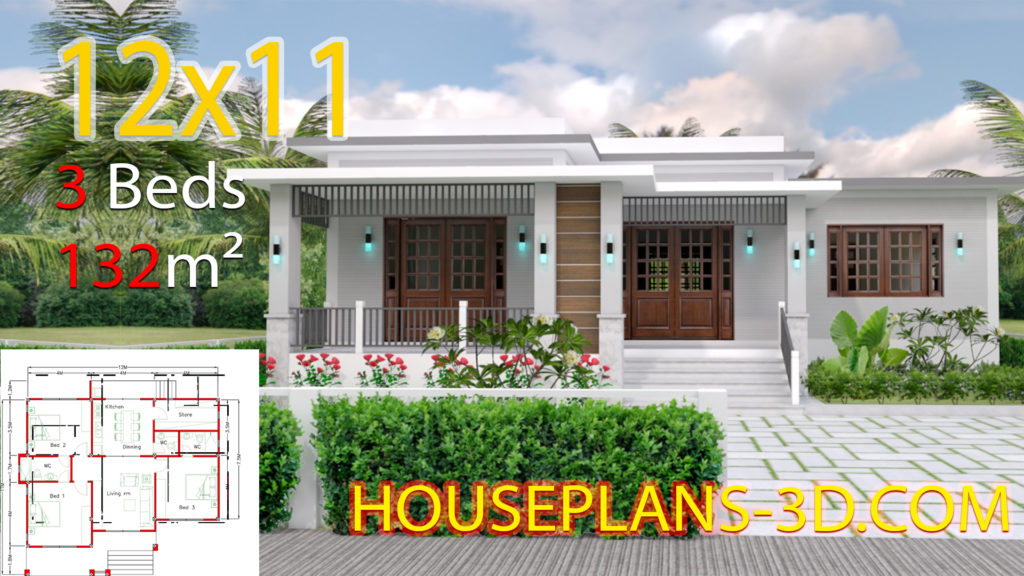 House design 10x12 with 3 Bedrooms Terrace Roof - House Plans 3D