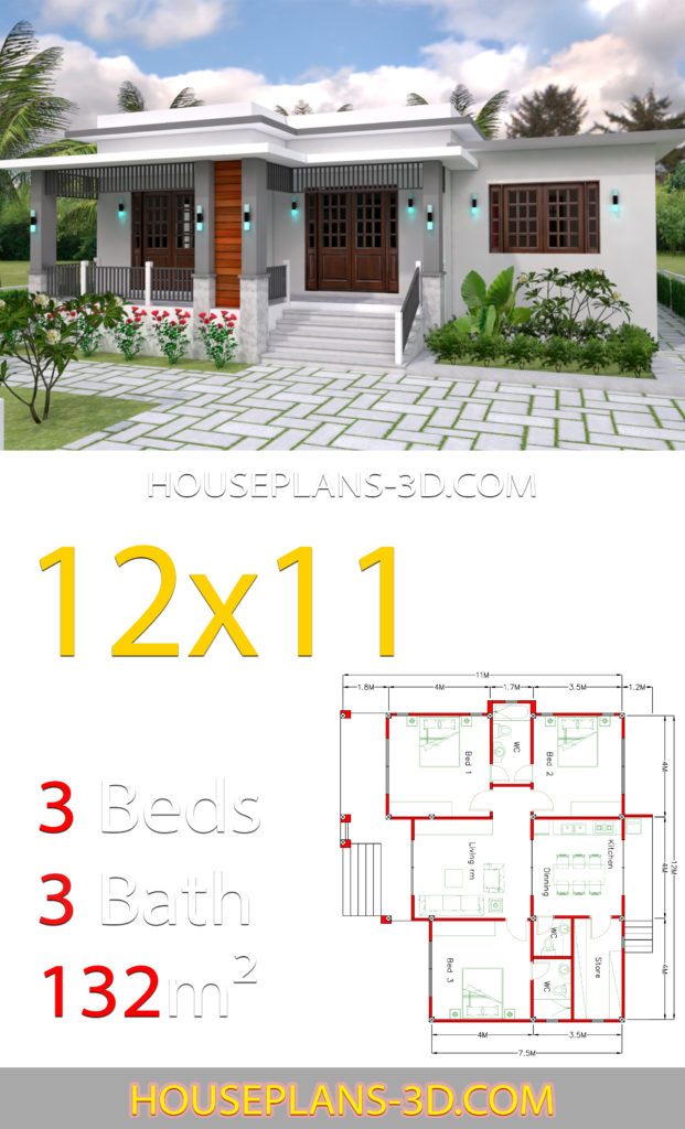 Home design 12x11 with 3 Bedrooms Terrace roof - House Plans 3D