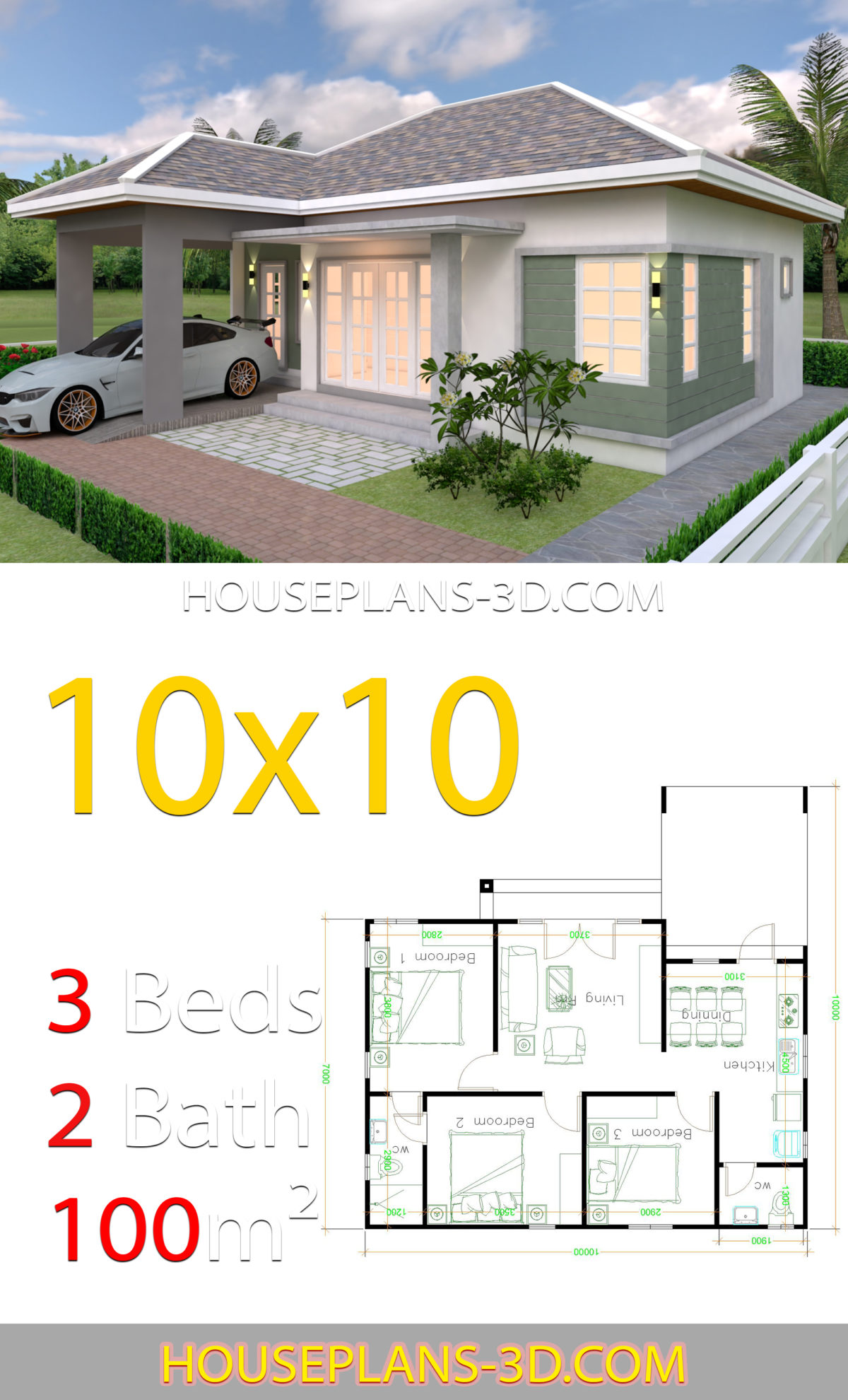 House Design 10x10 with 3 Bedrooms Hip roof - House Plans 3D
