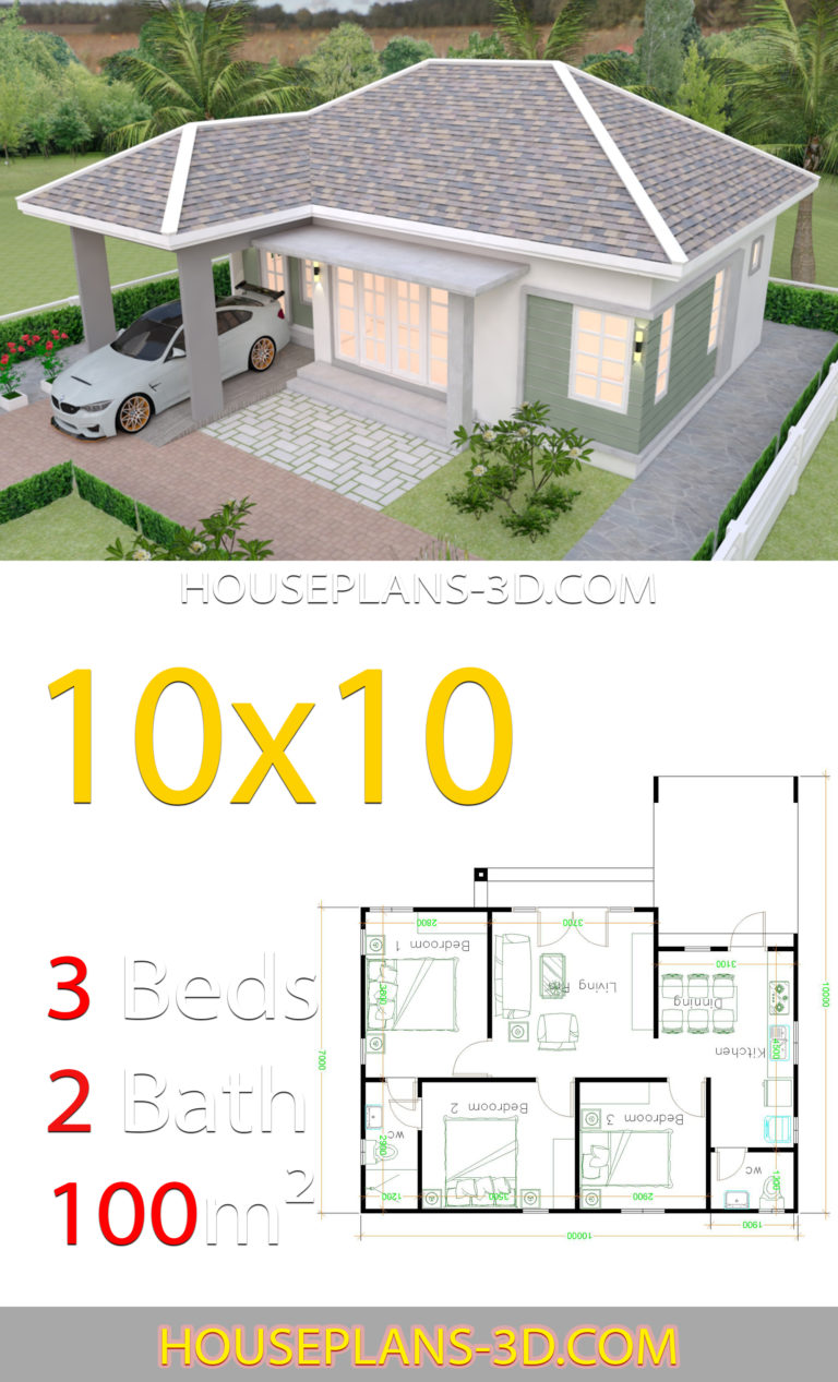 House Design 10x10 with 3 Bedrooms Hip roof - House Plans 3D