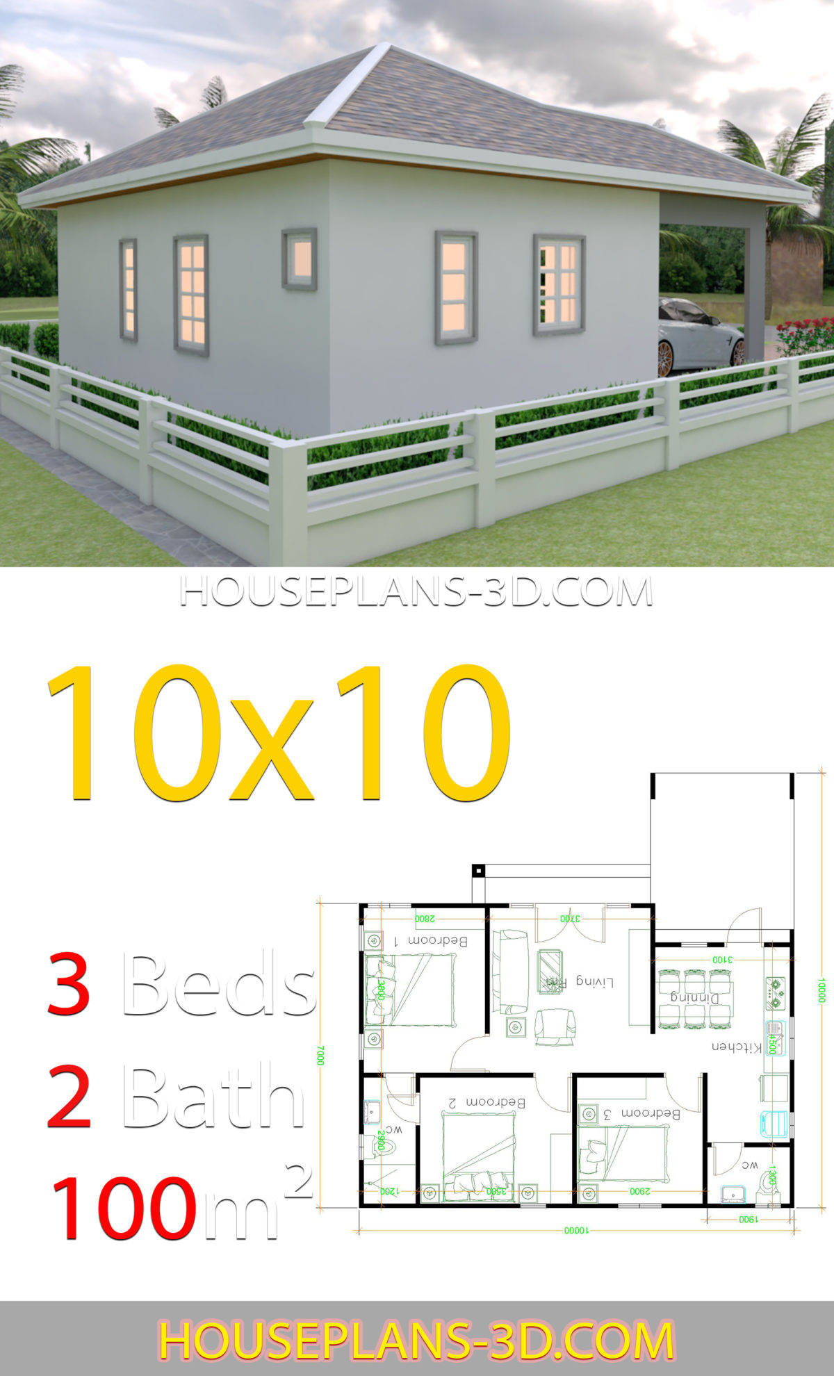 House Design 10x10 with 3 Bedrooms Hip roof - House Plans 3D
