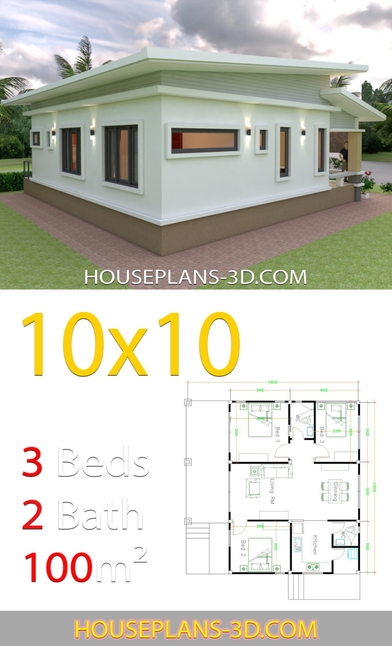 House Design 10x10 with 3 Bedrooms full interior - House Plans 3D