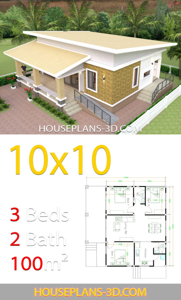 House Design 10x10 with 3 Bedrooms full interior - House Plans 3D
