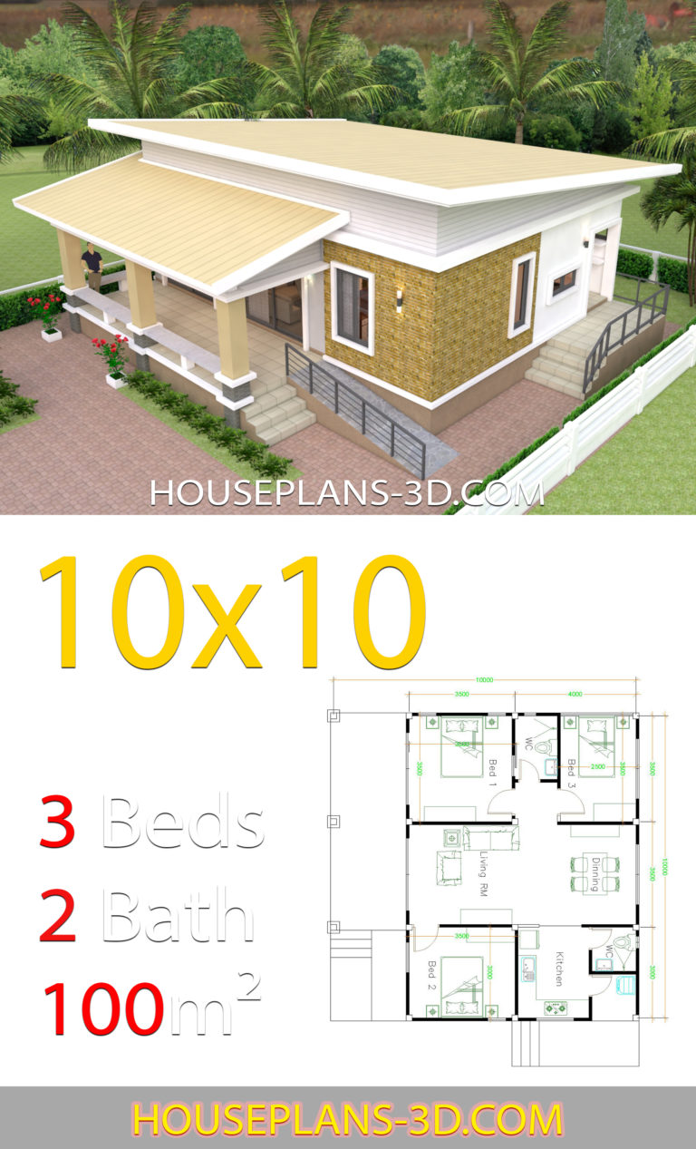 House Design 10x10 with 3 Bedrooms full interior - House Plans 3D