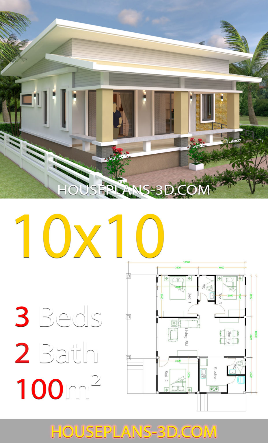 House Design 10x10 with 3 Bedrooms full interior - House Plans 3D