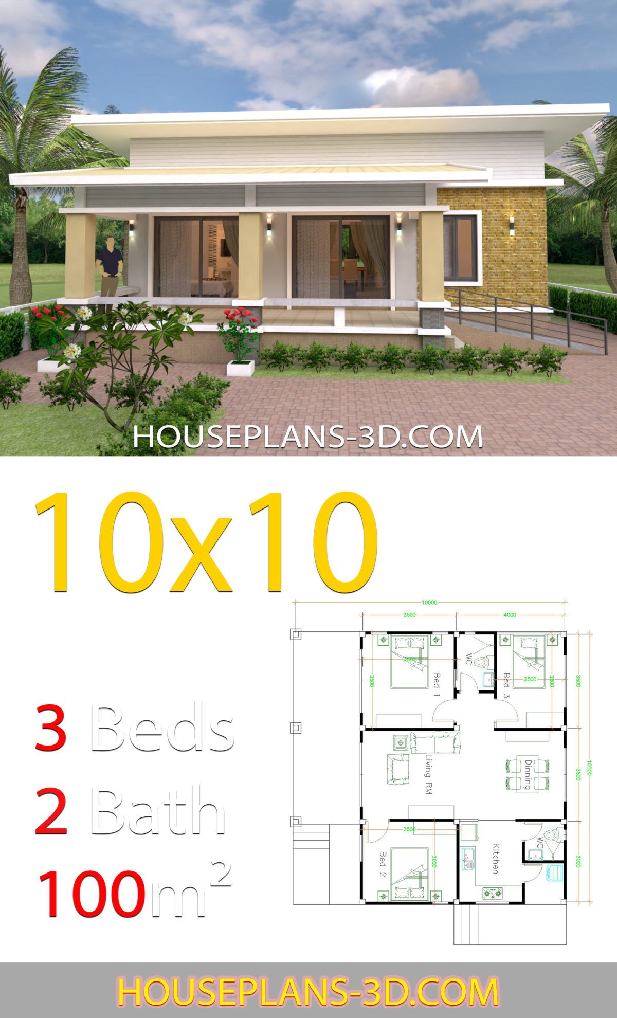 House Design 10x10 with 3 Bedrooms full interior - House Plans 3D