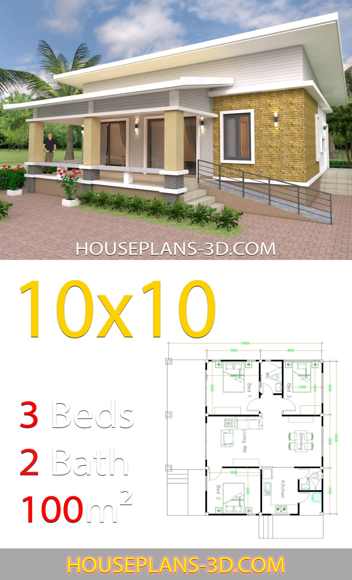House Design 10x10 with 3 Bedrooms full interior - House Plans 3D