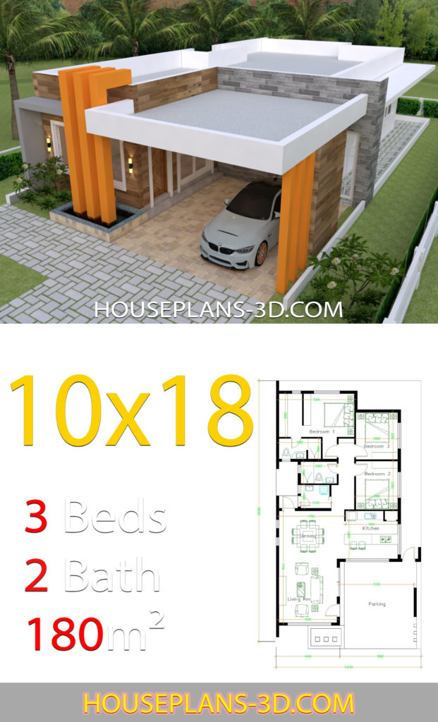 House Design 10x18 with 3 Bedrooms terrace roof - House Plans 3D