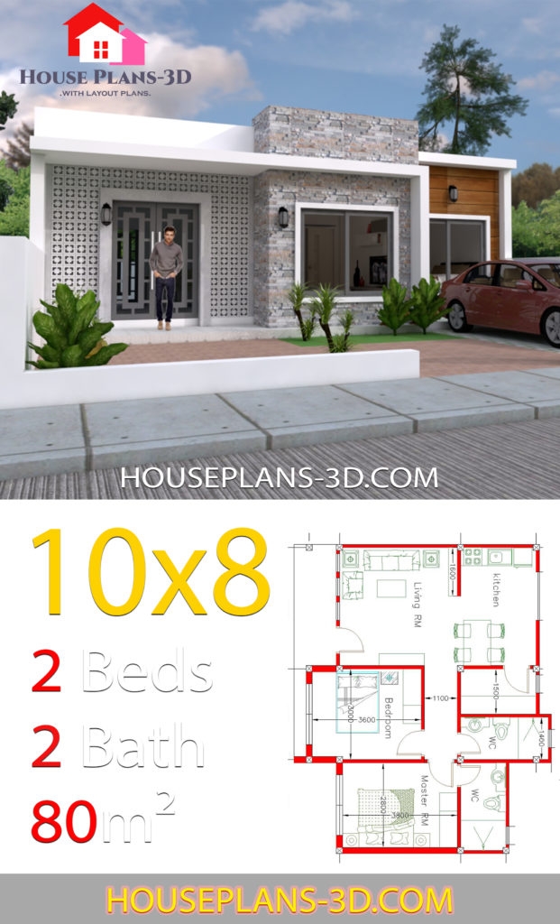 House Design 10x8 with 2 Bedrooms - House Plans 3D