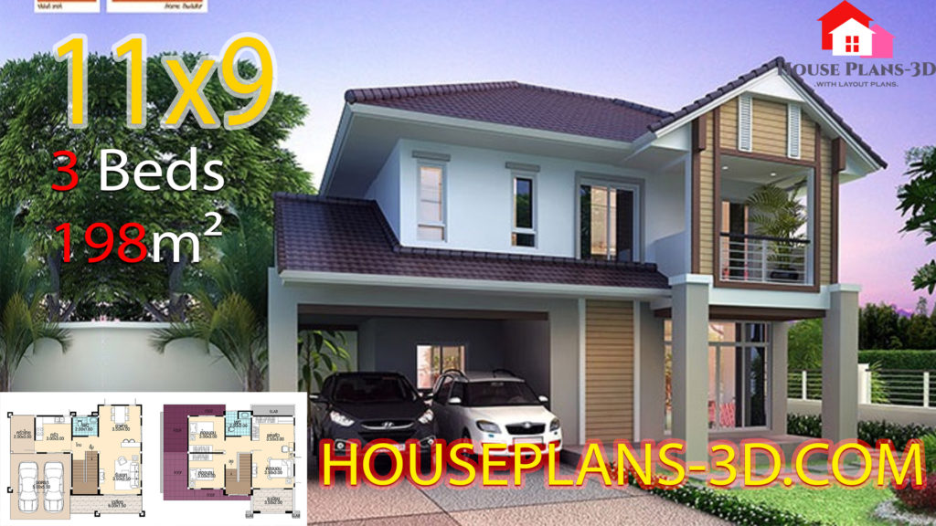 House Design 11x9 with 3 bedrooms - House Plans 3D