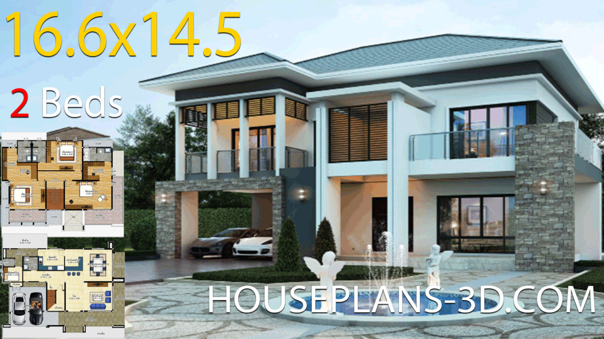 House Design 16.6x14.5 with 3 Bedrooms - House Plans 3D