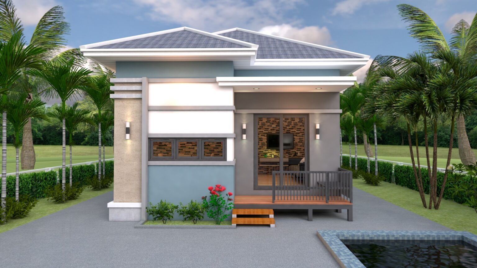 House Design 6x8 with 2 Bedrooms Hip roof - House Plans 3D