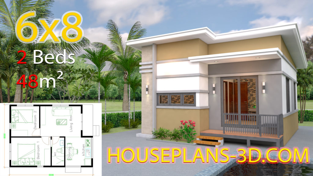House design 8x10 with 2 Bedrooms Terrace roof - House Plans 3D
