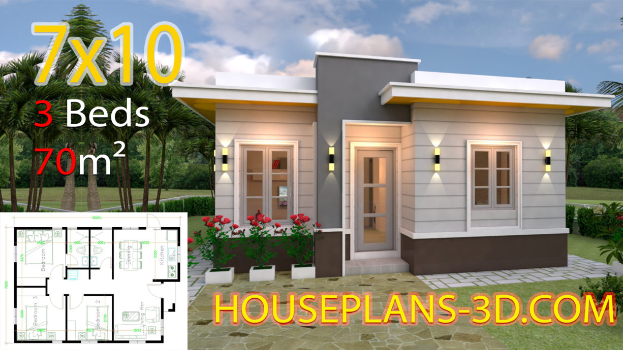 House Design 7x10 with 3 Bedrooms Terrace Roof - House Plans 3D
