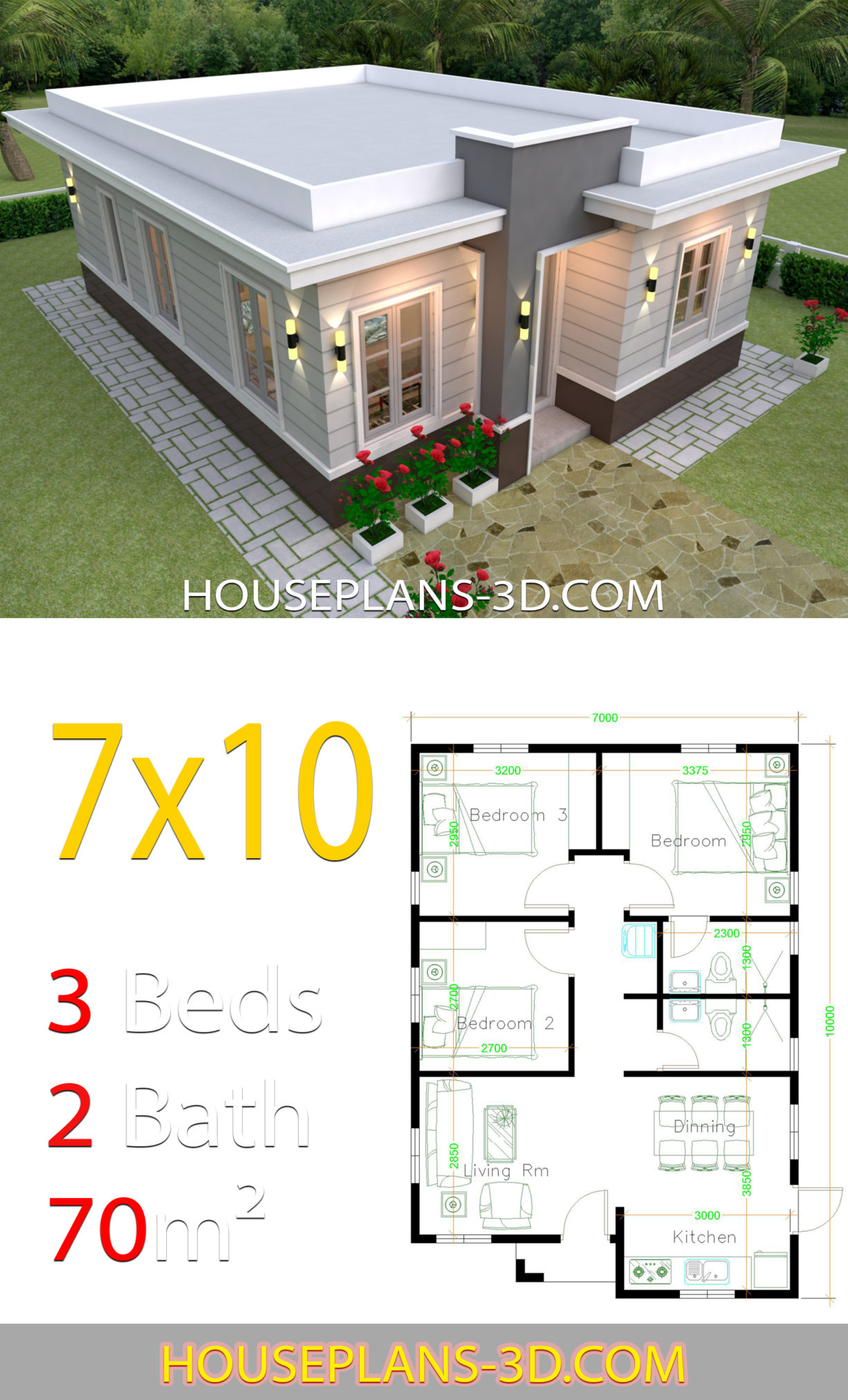 House Design 7x10 with 3 Bedrooms Terrace Roof - House Plans 3D