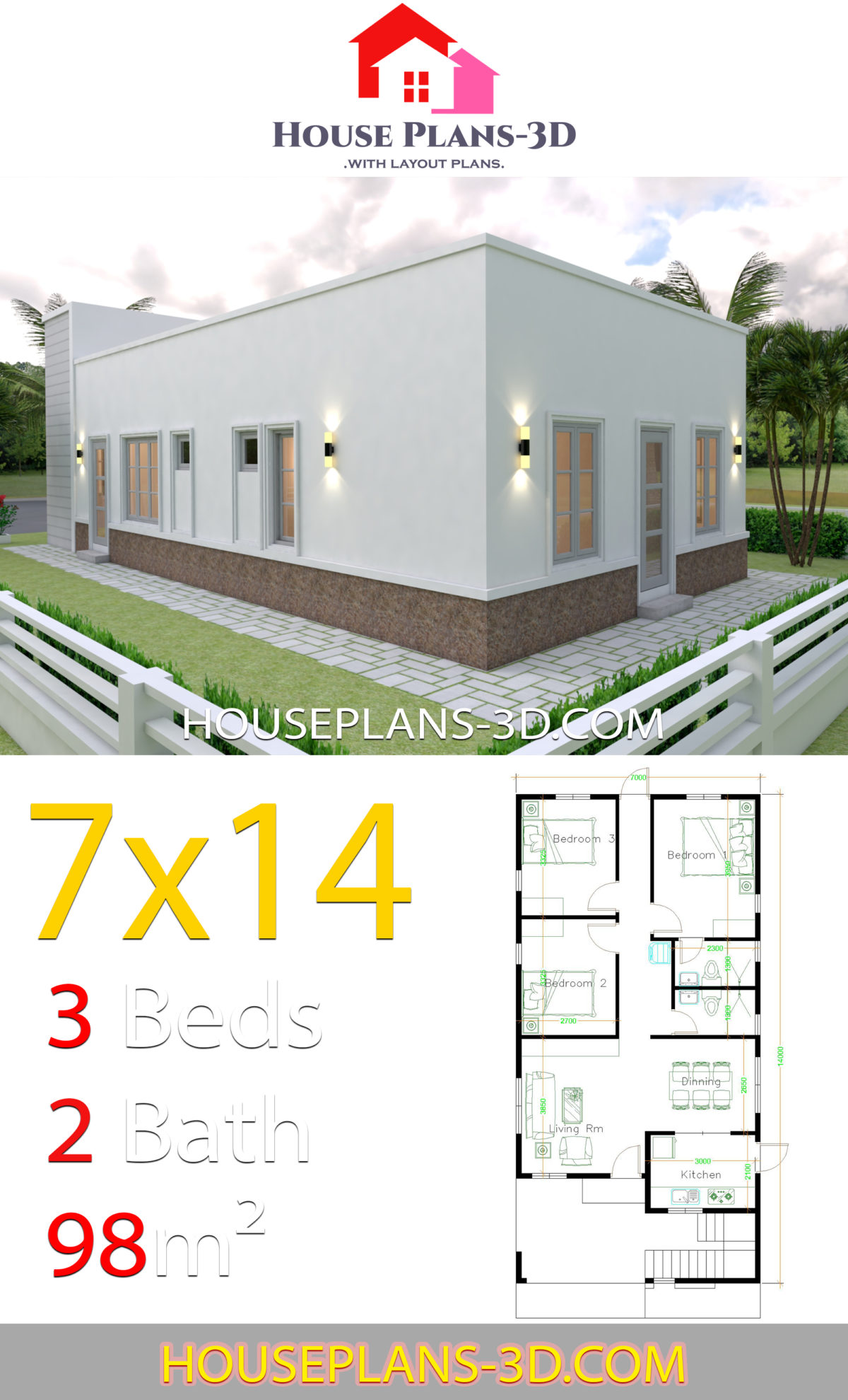 House Design 7x14 with 3 Bedrooms Terrace Roof - House Plans 3D