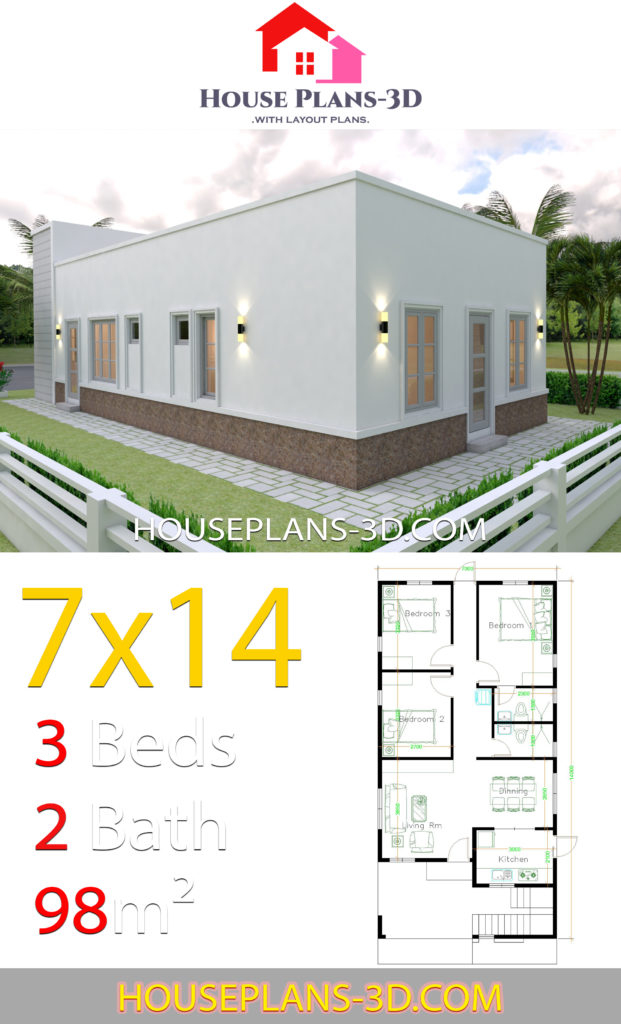 House Design 7x14 with 3 Bedrooms Terrace Roof - House Plans 3D