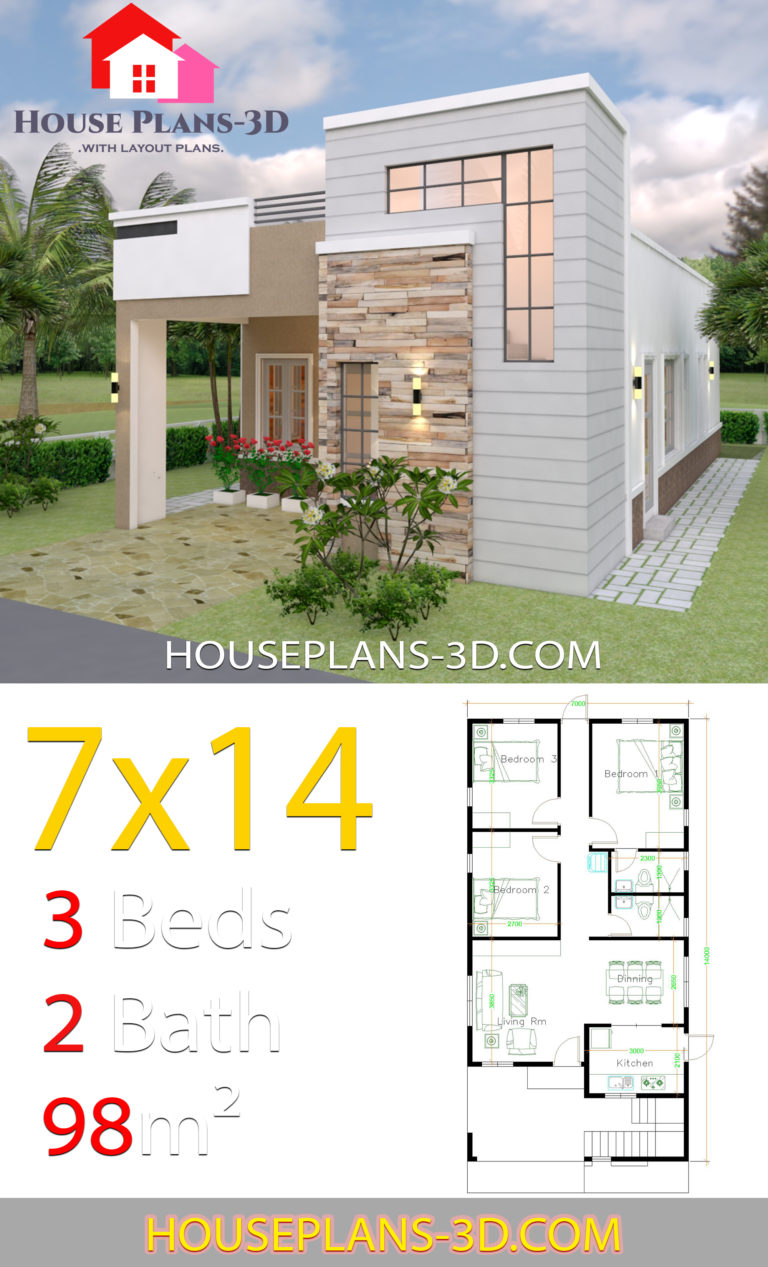 House Design 7x14 with 3 Bedrooms Terrace Roof - House Plans 3D