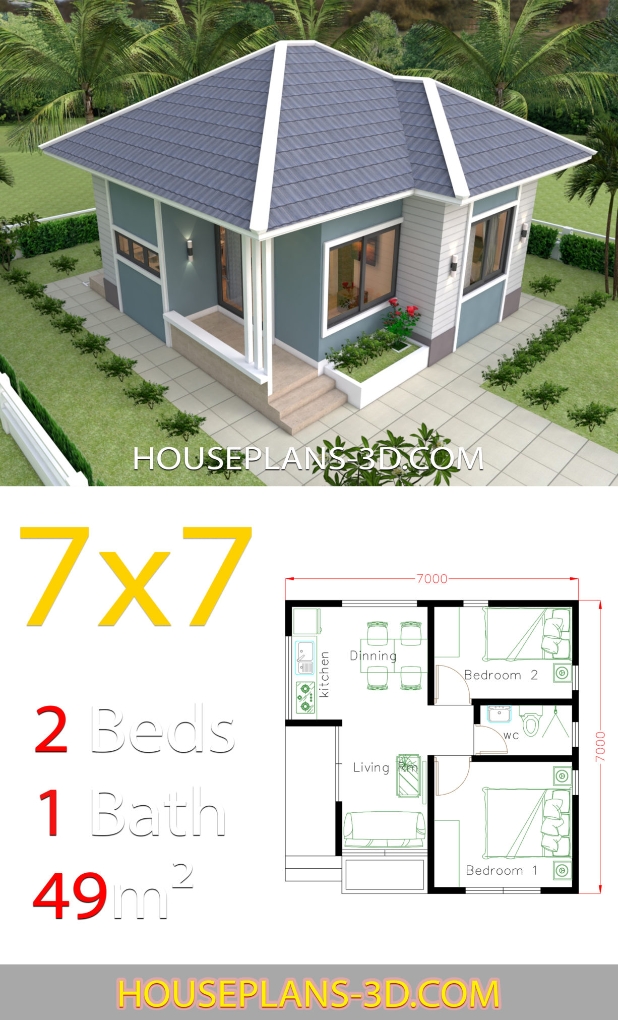 House Design 7x7 with 2 Bedrooms full plans - House Plans 3D