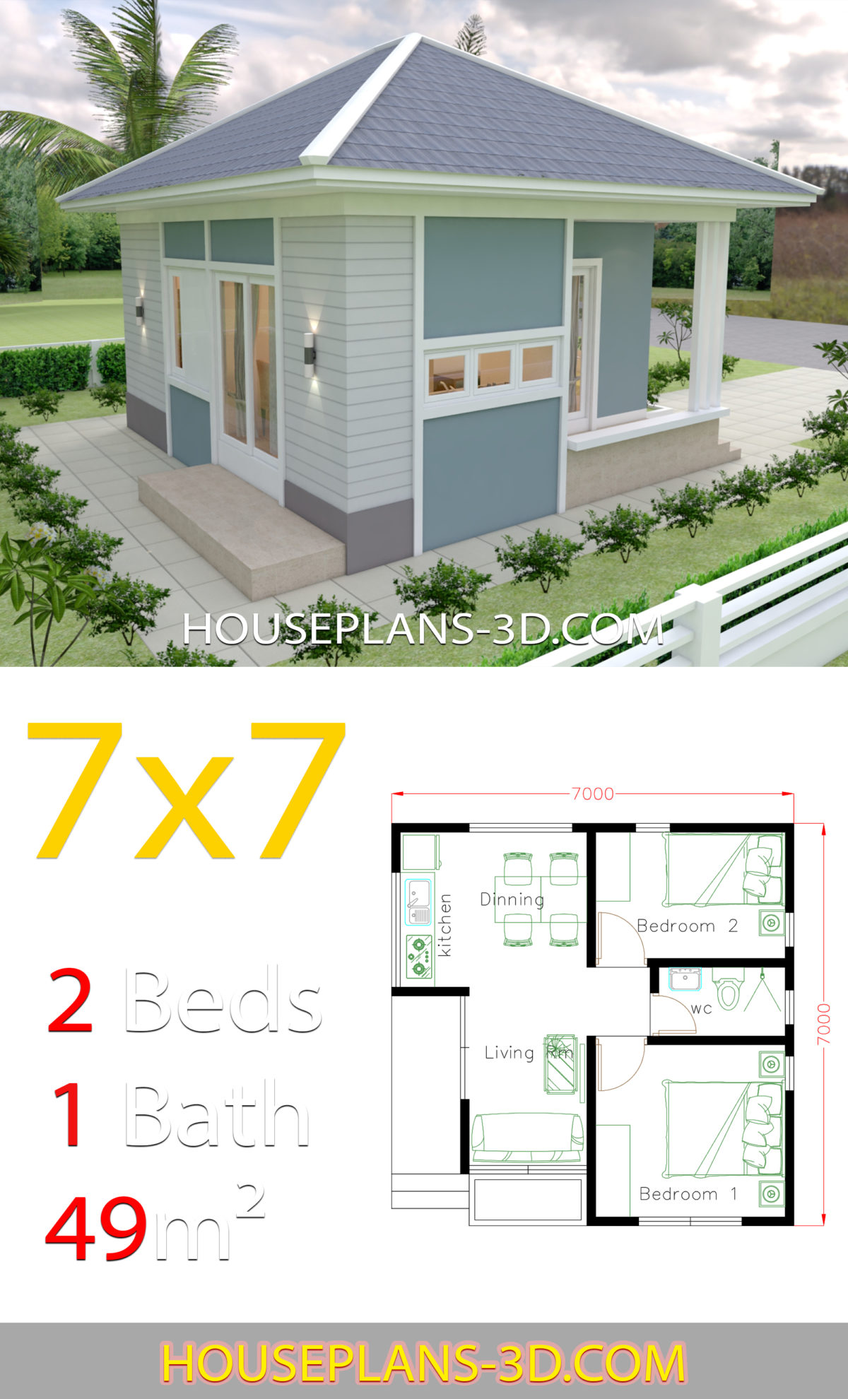 House Design 7x7 with 2 Bedrooms full plans - House Plans 3D