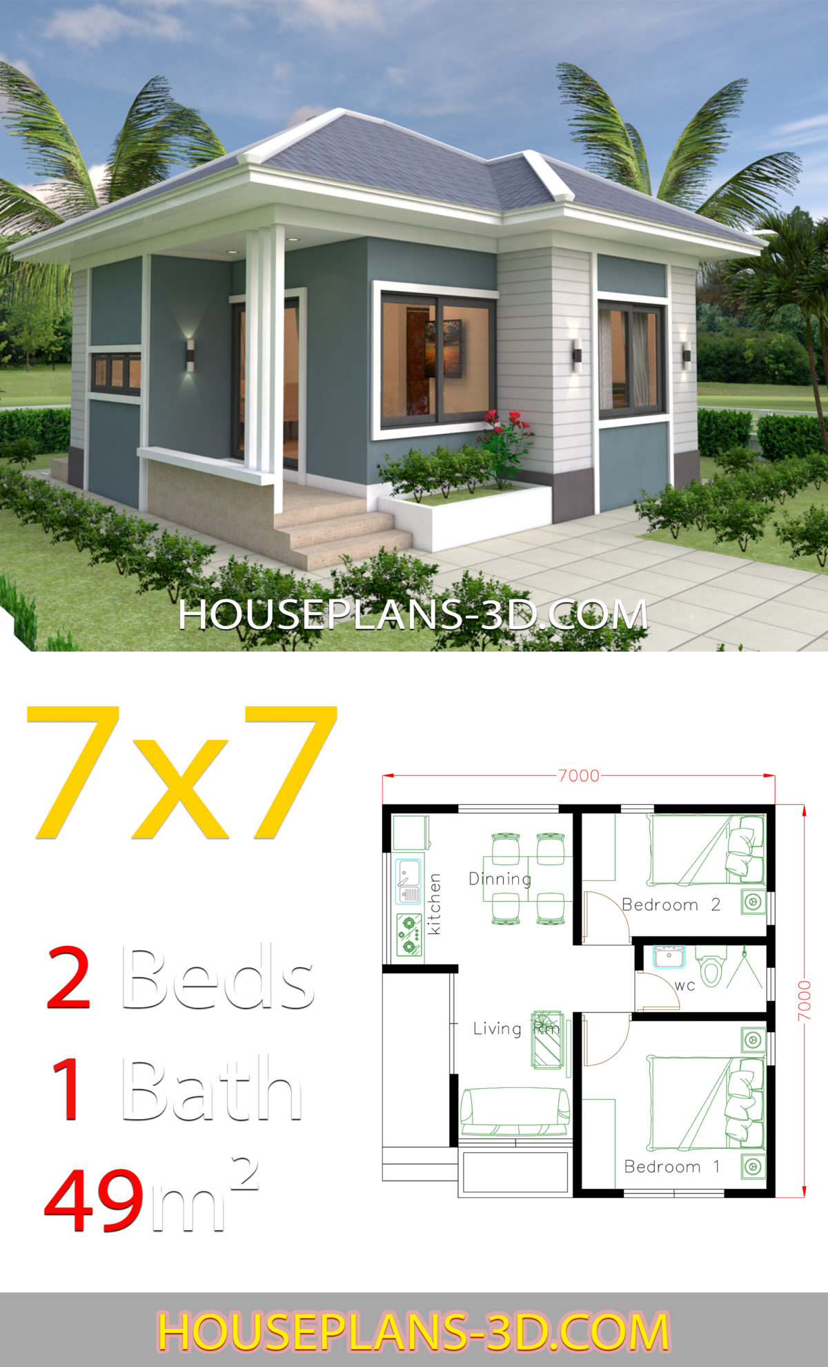 House Design 7x7 with 2 Bedrooms full plans - House Plans 3D