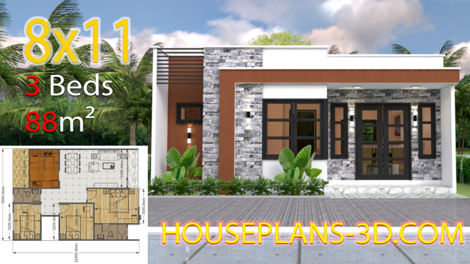 House Design 8x11 with 3 Bedrooms Full Plans - House Plans 3D