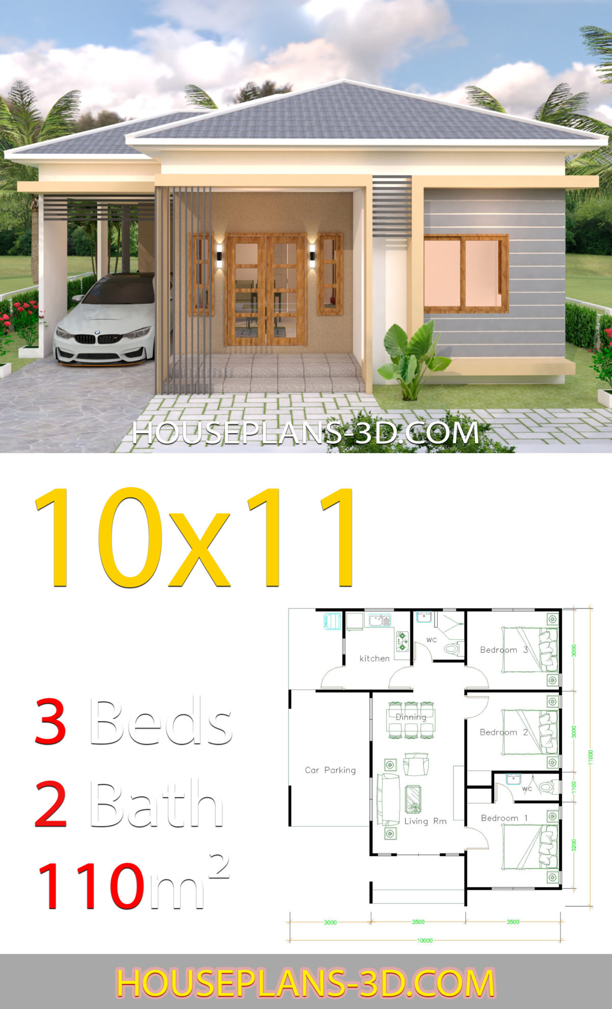 House design 10x11 with 3 Bedrooms Hip tiles - House Plans 3D