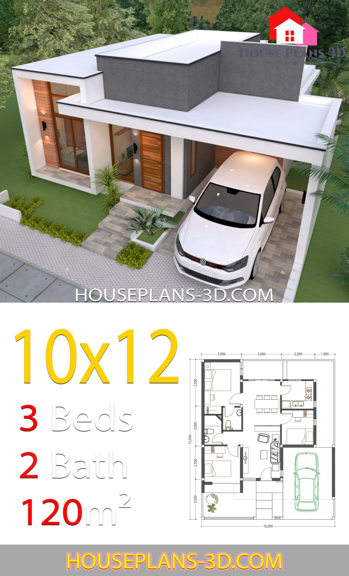 House design 10x12 with 3 Bedrooms Terrace Roof - House Plans 3D