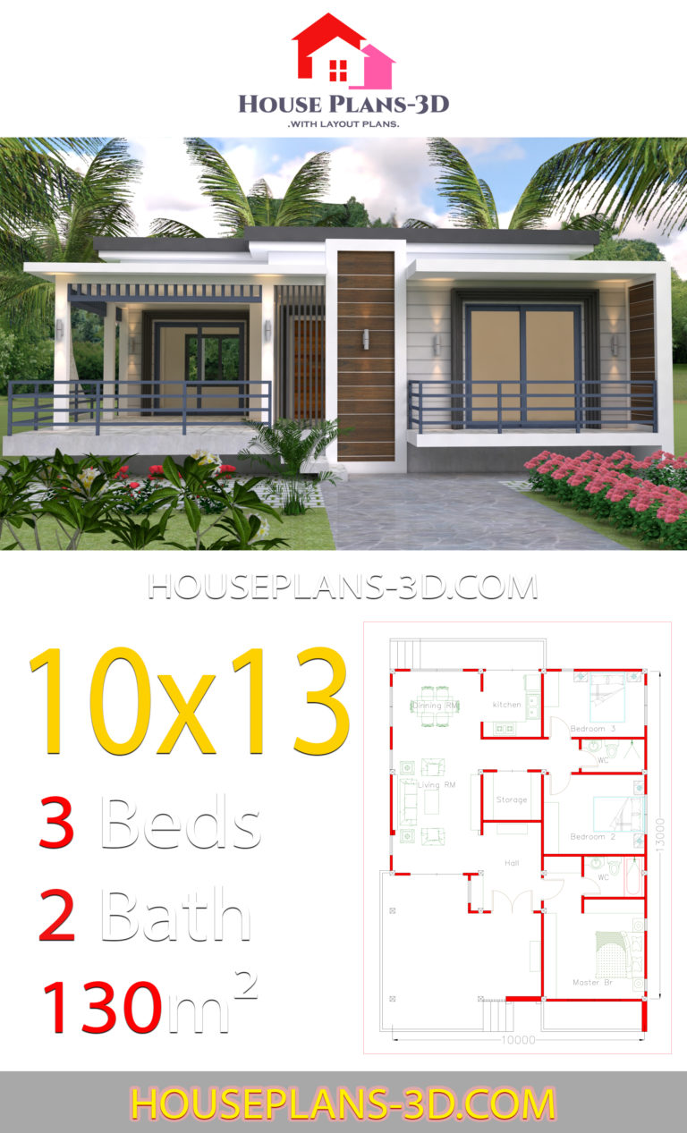 House design 10x13 with 3 Bedrooms Terrace roof - House Plans 3D