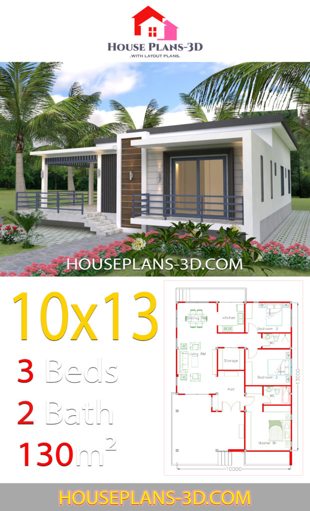 House design 10x13 with 3 Bedrooms Terrace roof - House Plans 3D