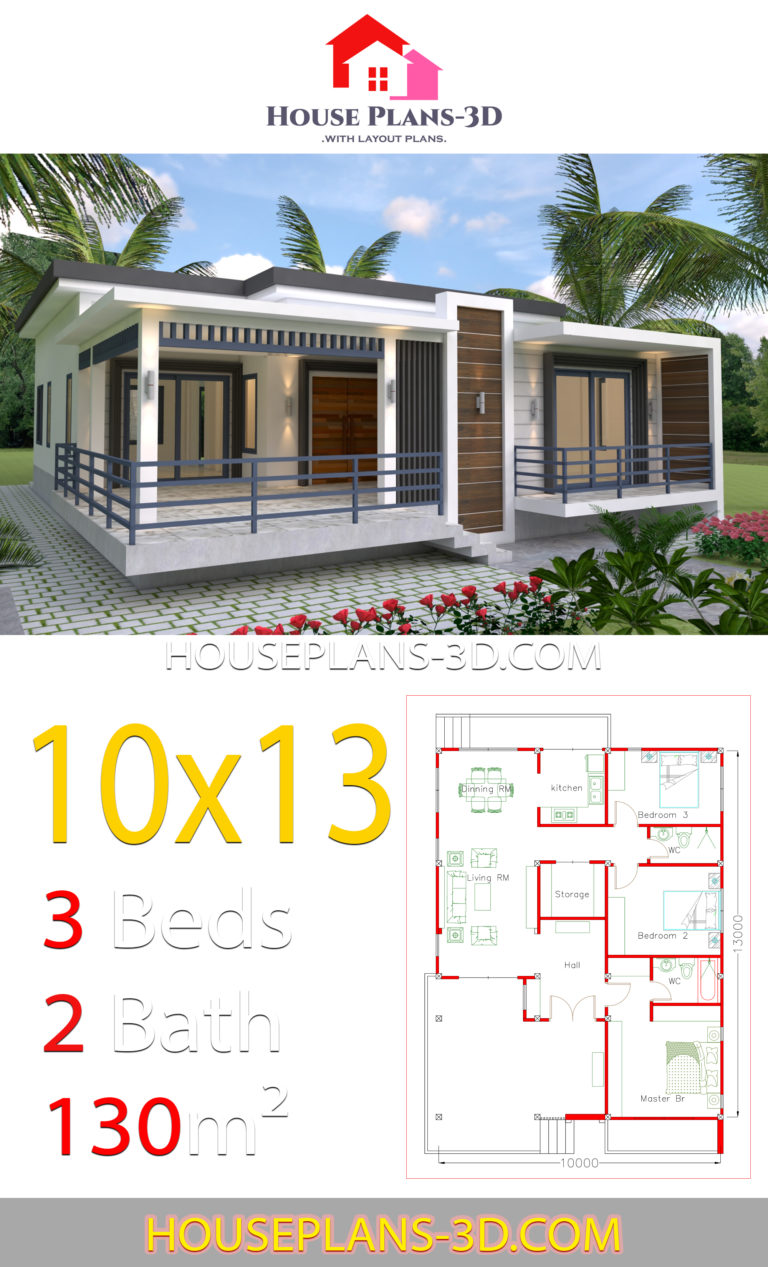 House design 10x13 with 3 Bedrooms Terrace roof - House Plans 3D