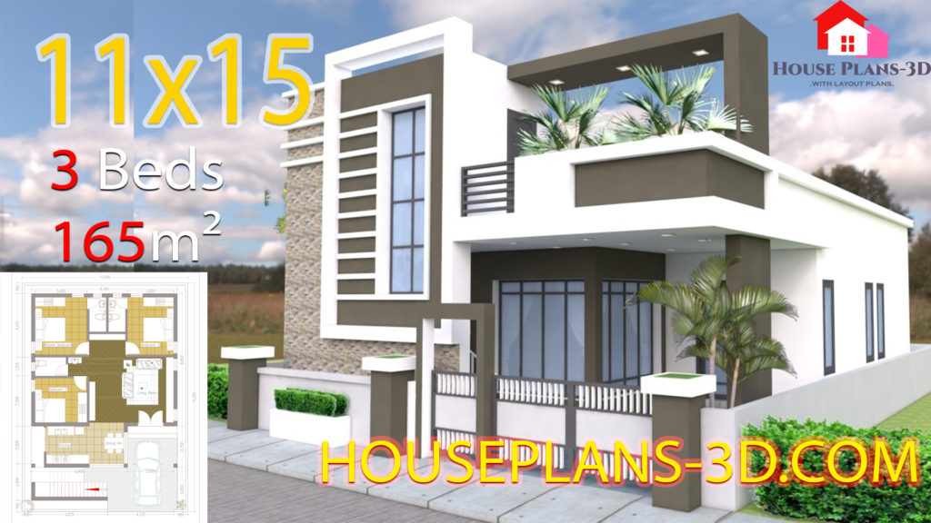 House Design 7x14 with 3 Bedrooms Terrace Roof - House Plans 3D