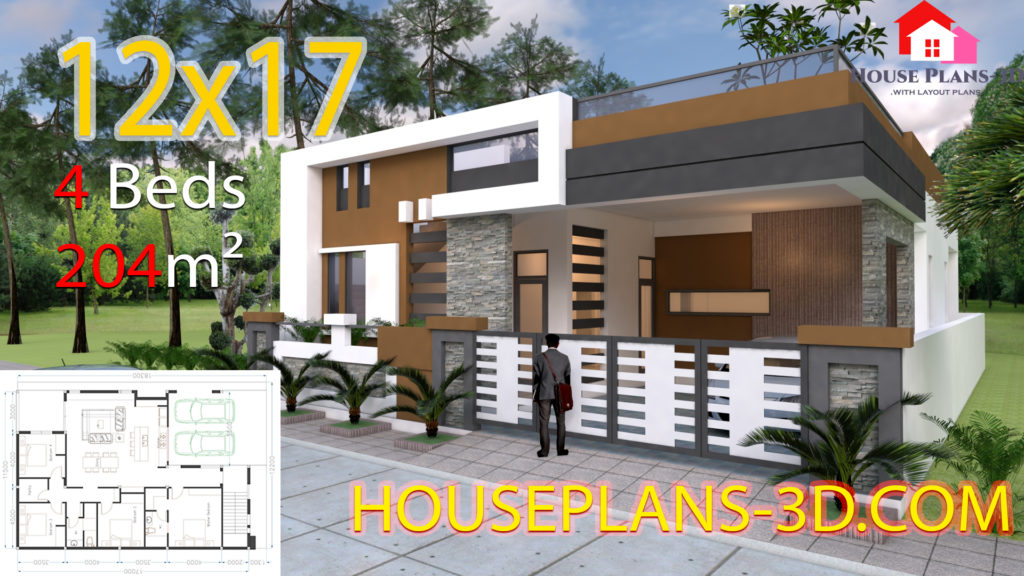 House design 12x17 with 4 bedrooms Terrace roof - House Plans 3D