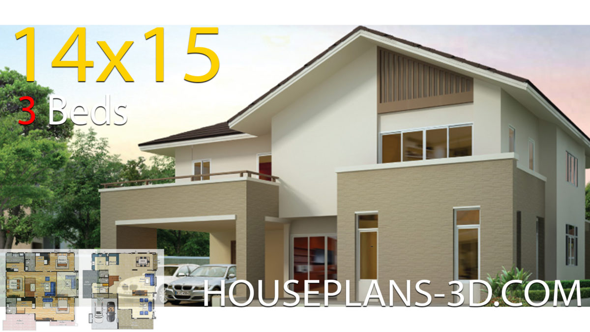 House design 14x15 with 3 bedrooms - House Plans 3D