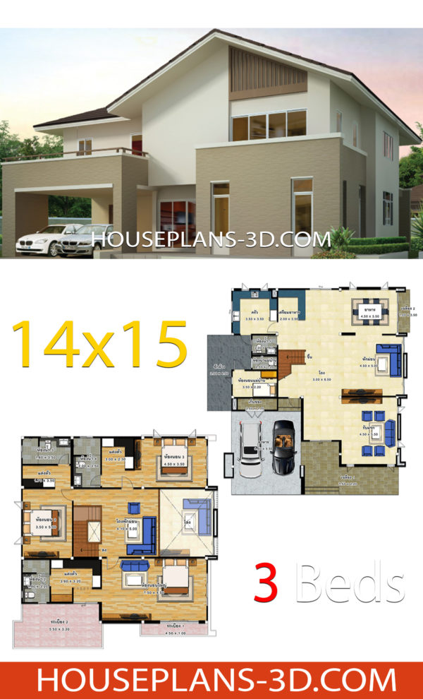 House design 14x15 with 3 bedrooms - House Plans 3D