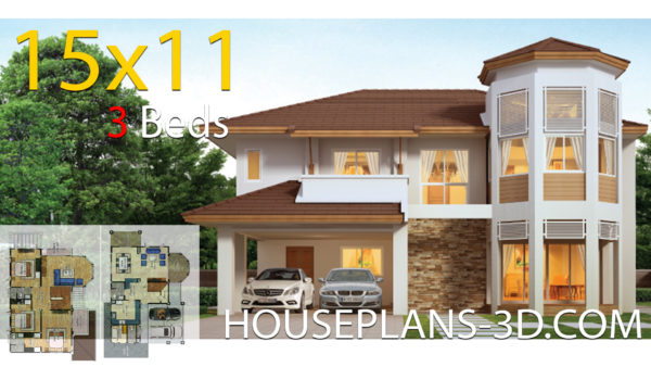 House design 15x11 with 3 Bedrooms - House Plans 3D