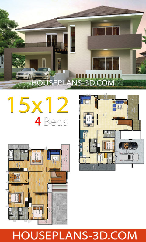House design 15x12 with 4 bedrooms - House Plans 3D