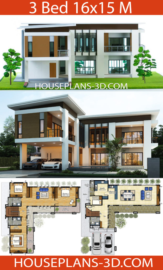 House design 16x15 with 3 bedrooms - House Plans 3D