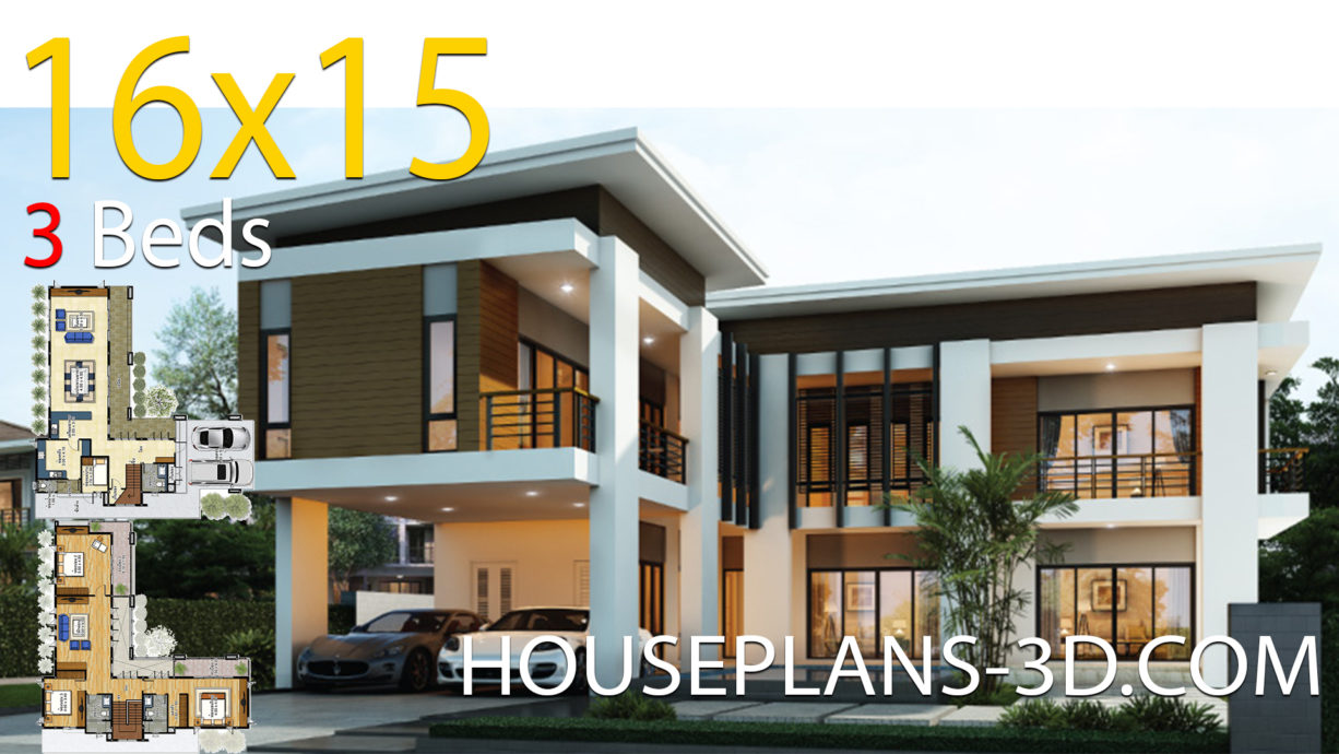 House design 16x15 with 3 bedrooms - House Plans 3D