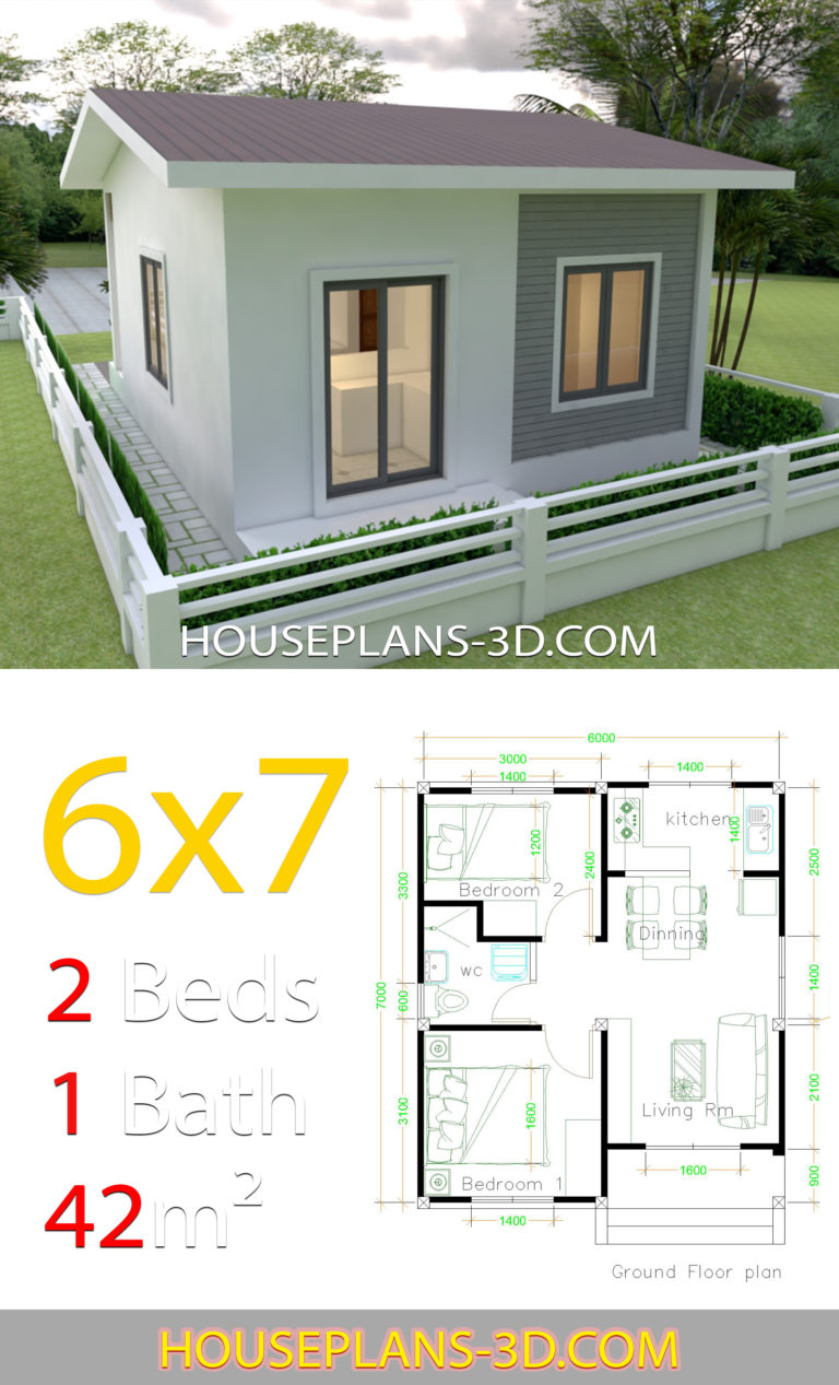 House Design 6x7 with 2 bedrooms - House Plans 3D