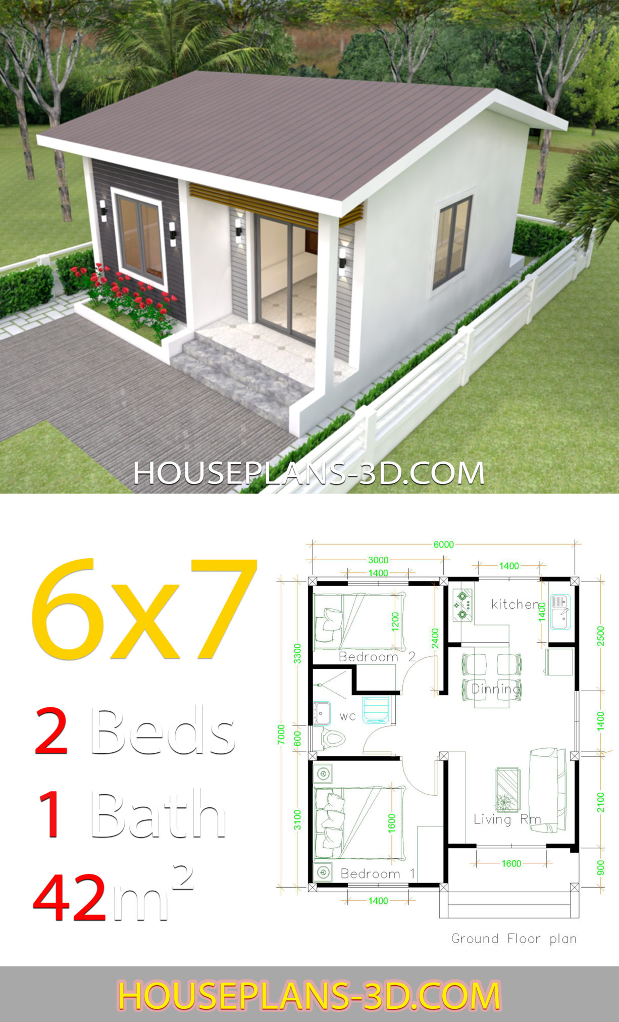 House Design 6x7 with 2 bedrooms - House Plans 3D