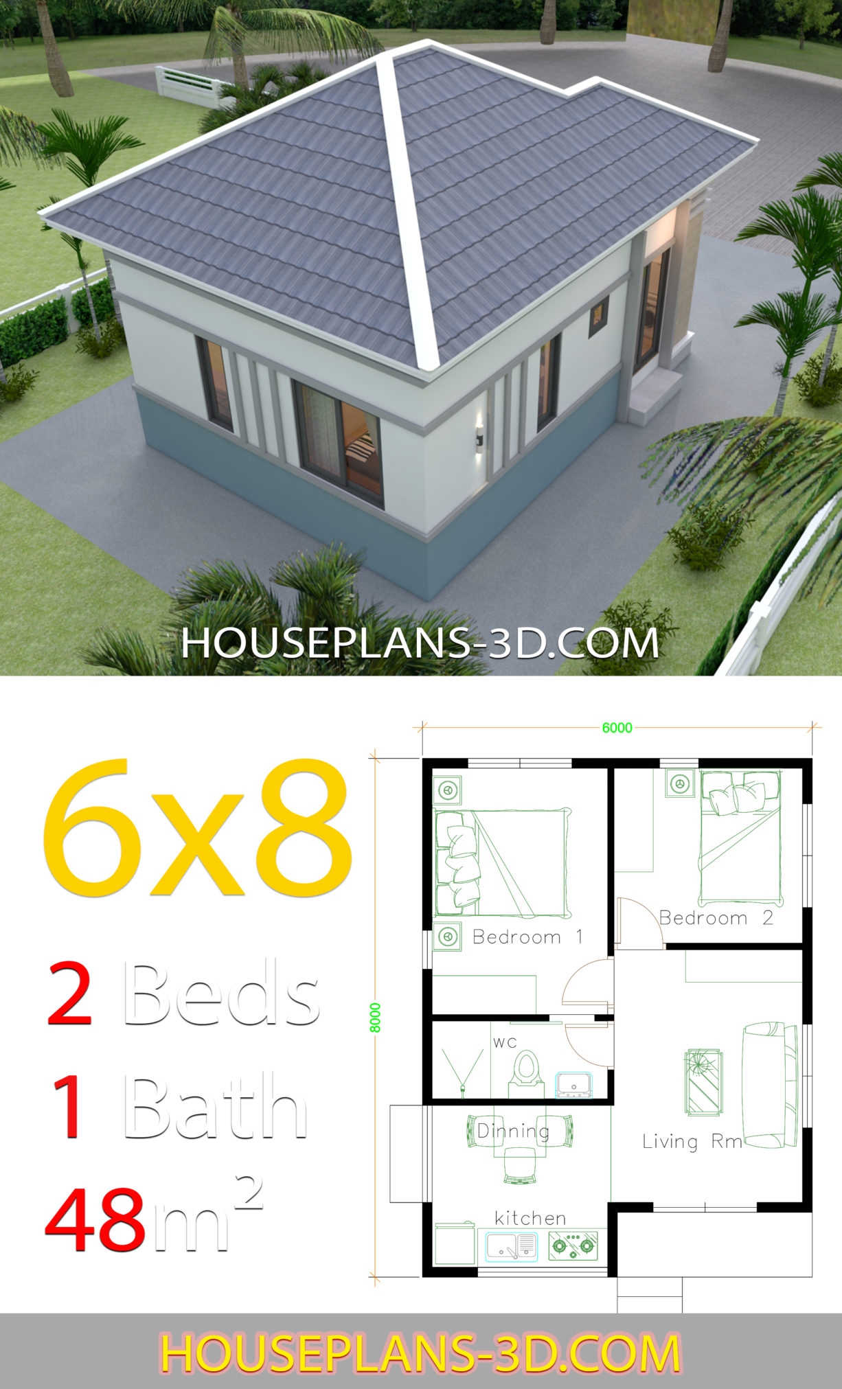 House Design 6x8 with 2 Bedrooms Hip roof - House Plans 3D
