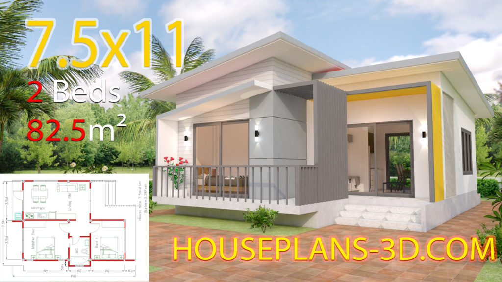 Small House Design 7x7 with 2 Bedrooms - House Plans 3D