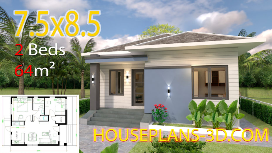 House design 8x10 with 2 Bedrooms Terrace roof - House Plans 3D
