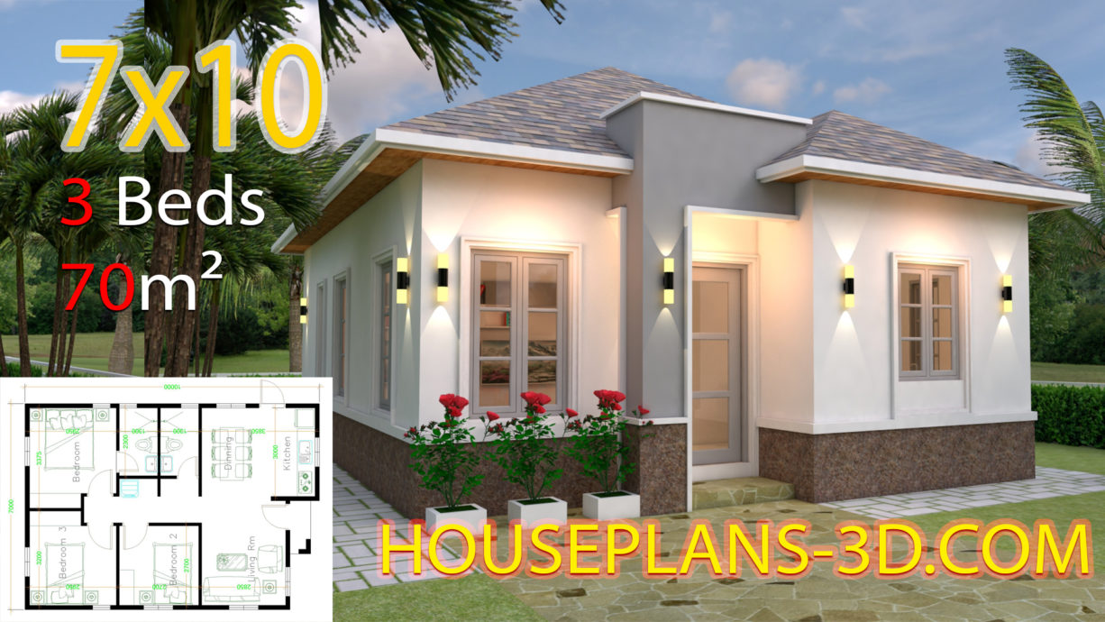 House design 7x10 with 3 Bedrooms Hip roof - House Plans 3D